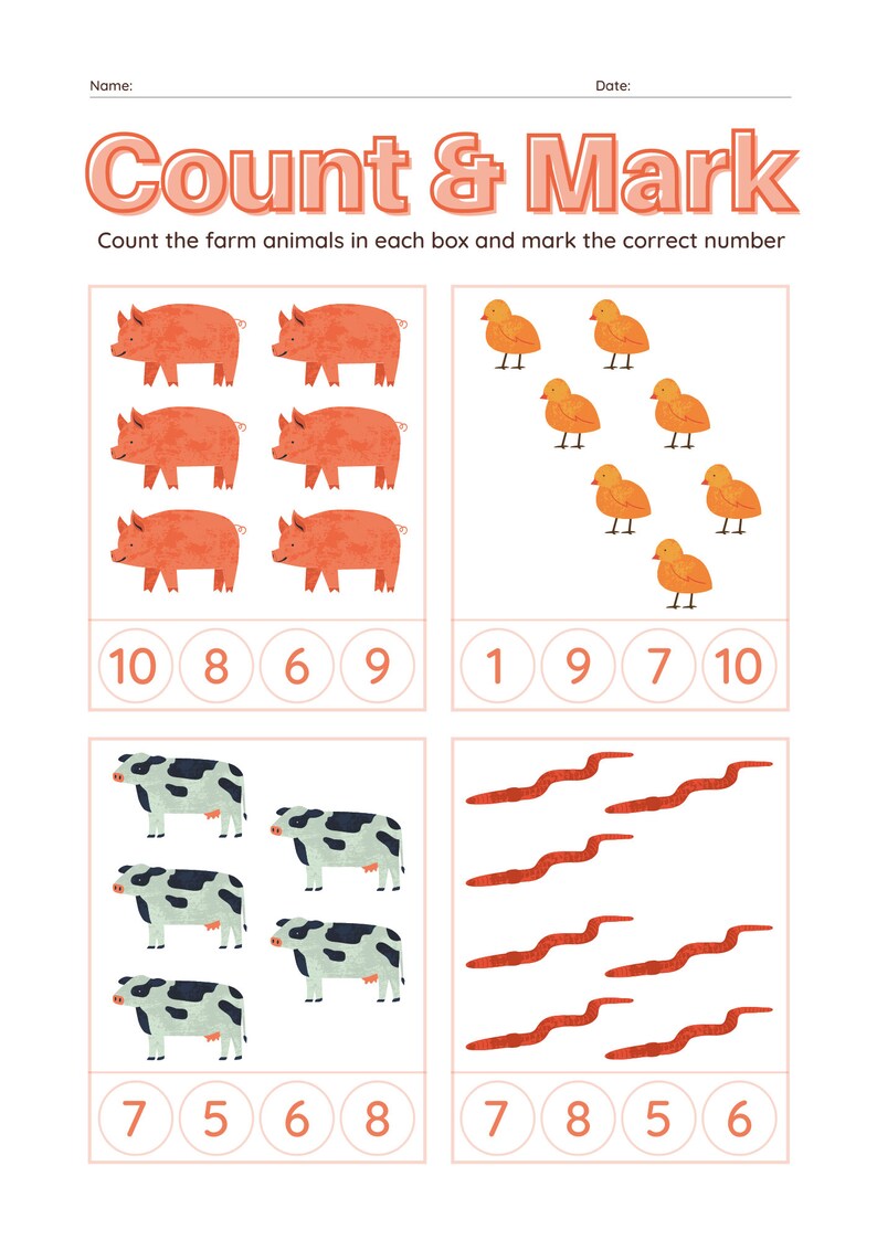 10 Page Count and Mark Animal Digital Worksheets - Etsy
