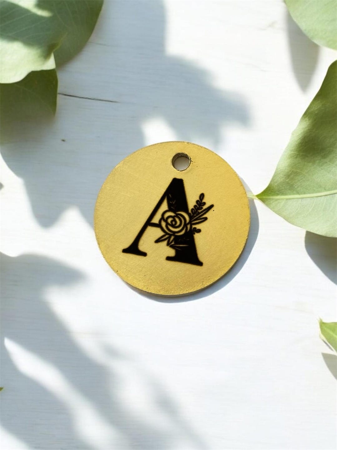 Floral Monogram Dog Tag: Engraved Satin Brass Pet ID - Etsy