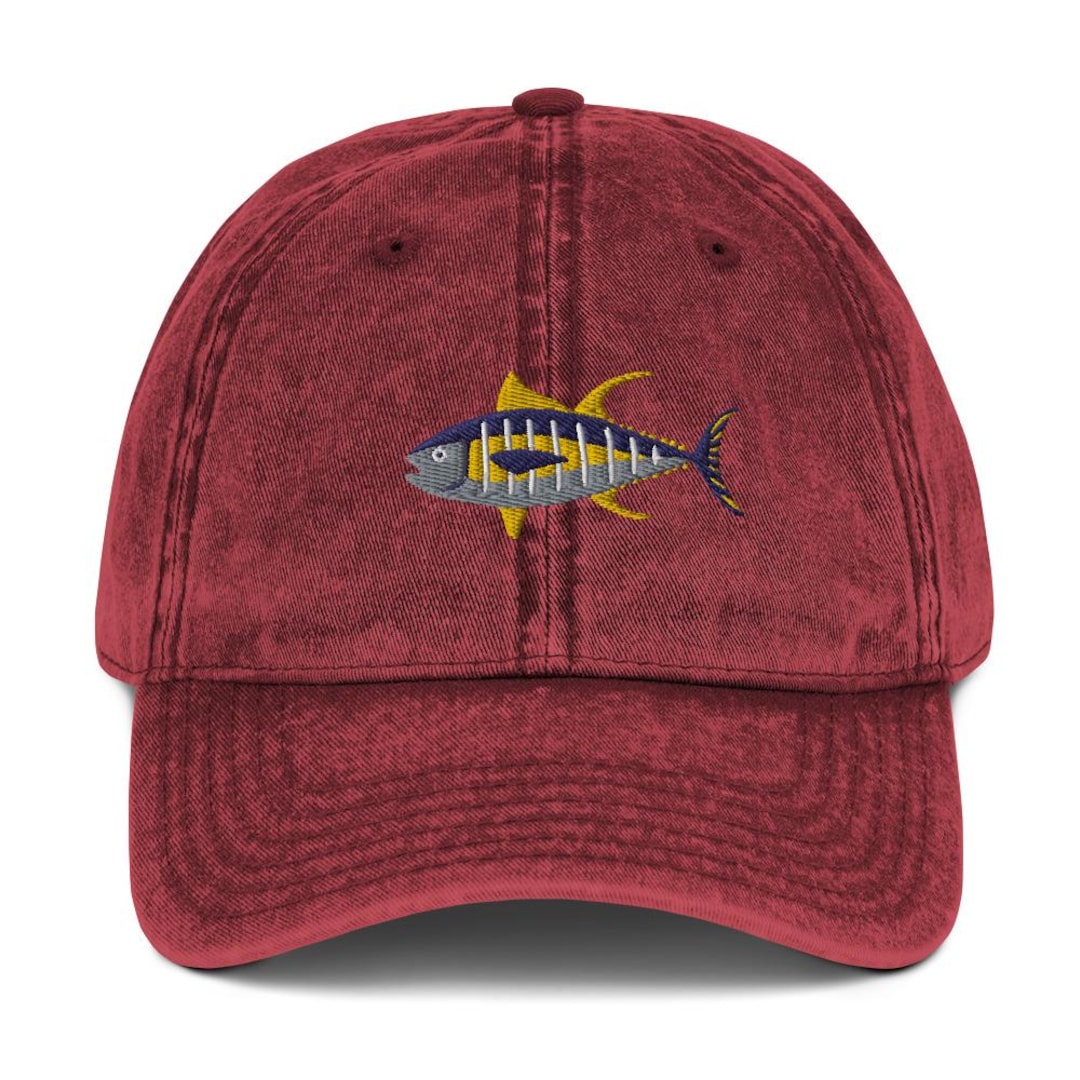 Yellow Fin Tuna Fish Vintage Hat I Cotton Fishing Hat Embroidery Design ...