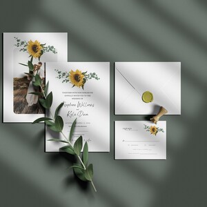 Sunflower Eucalyptus Wedding Invitation & RSVP Template, Rustic Boho ...