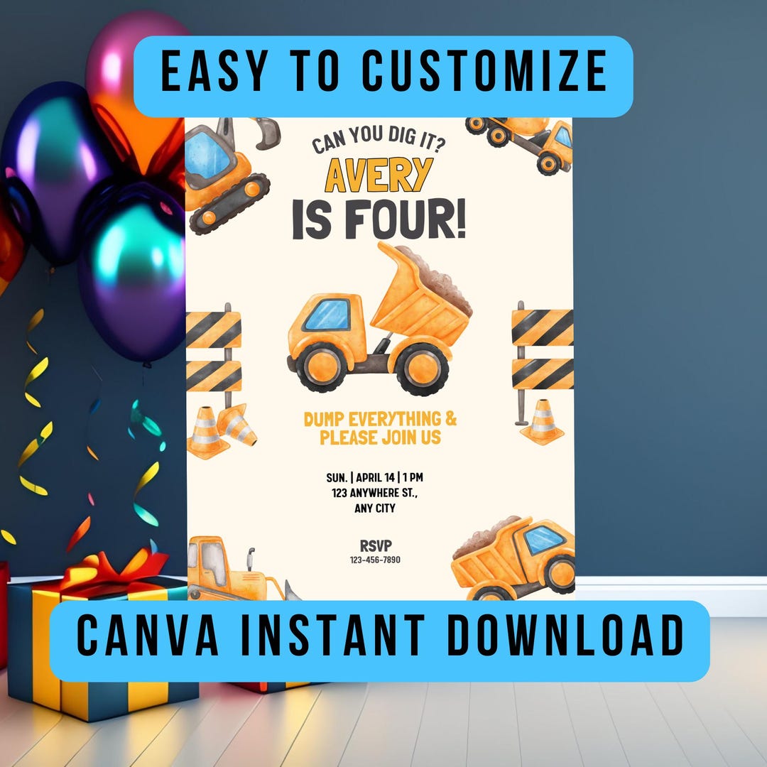 Construction Birthday Party Printable Template Invitation, Kids Invite ...