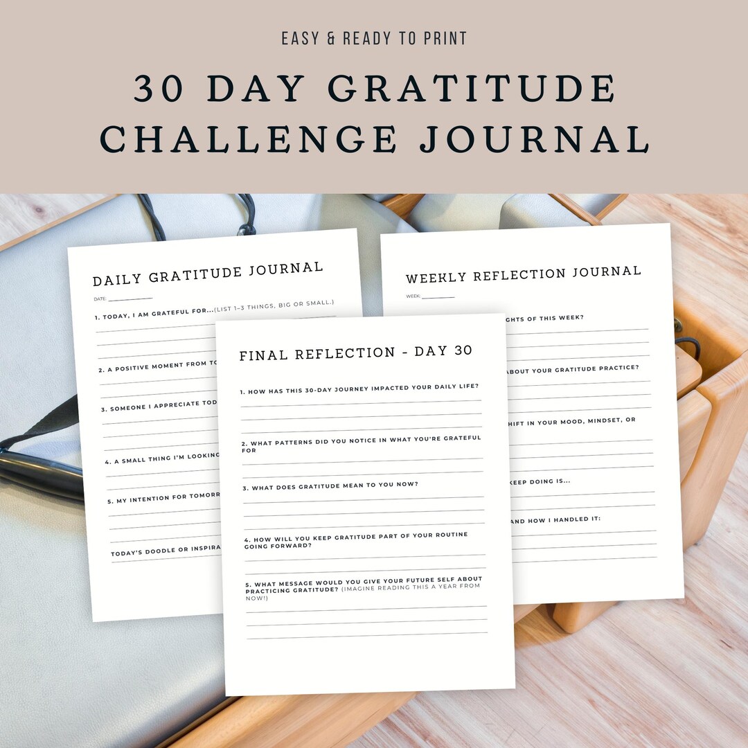 30 Day Gratitude Challenge Printable, Daily Mindfulness Journal, Self ...