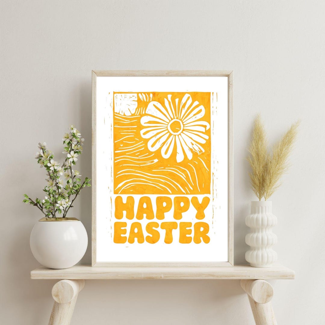 Linocut Happy Easter Printable Wall Art – Linocut Floral Easter Decor ...