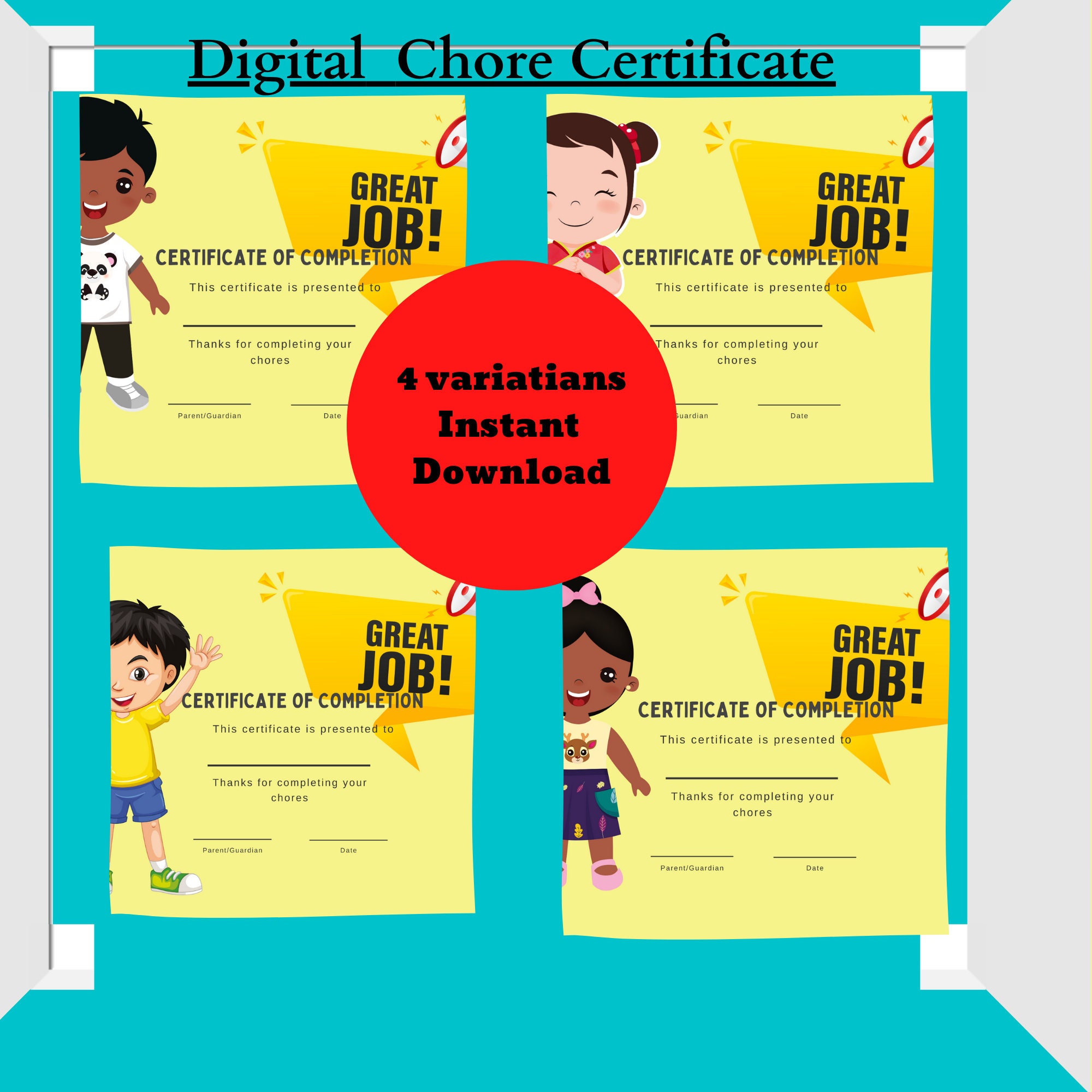 Chore Certificate, Chore Chart, Kids Completion Certificate, Child ...