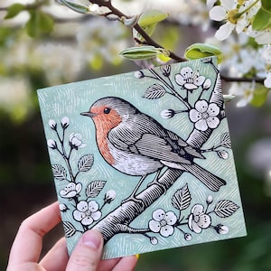 Robin in Blossom Greeting Card – Linocut-style Wildlife Art- Nature ...