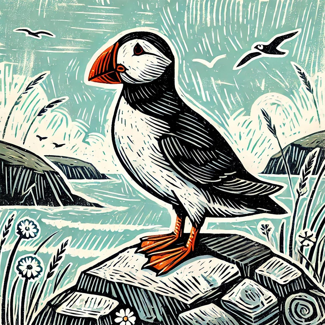 Puffin Art Greeting Card – Linocut Style | Coastal Wildlife Card ...