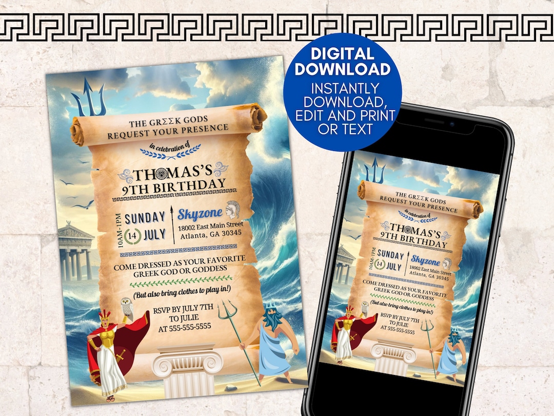 Greek Mythology Birthday Invite, Customizable Template, Greek God ...