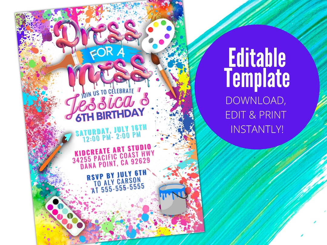 Dress for a Mess Painting Party Birthday Invite Customizable Template ...