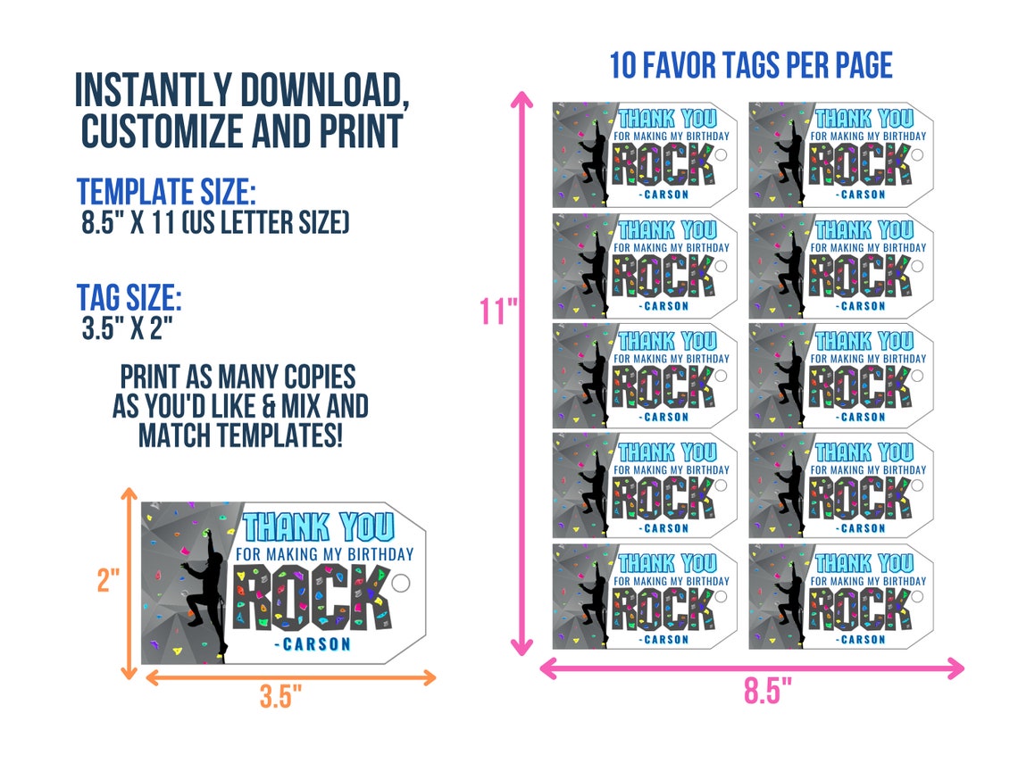 Rock Climbing Birthday Party Customizable Favor Tags, Template ...