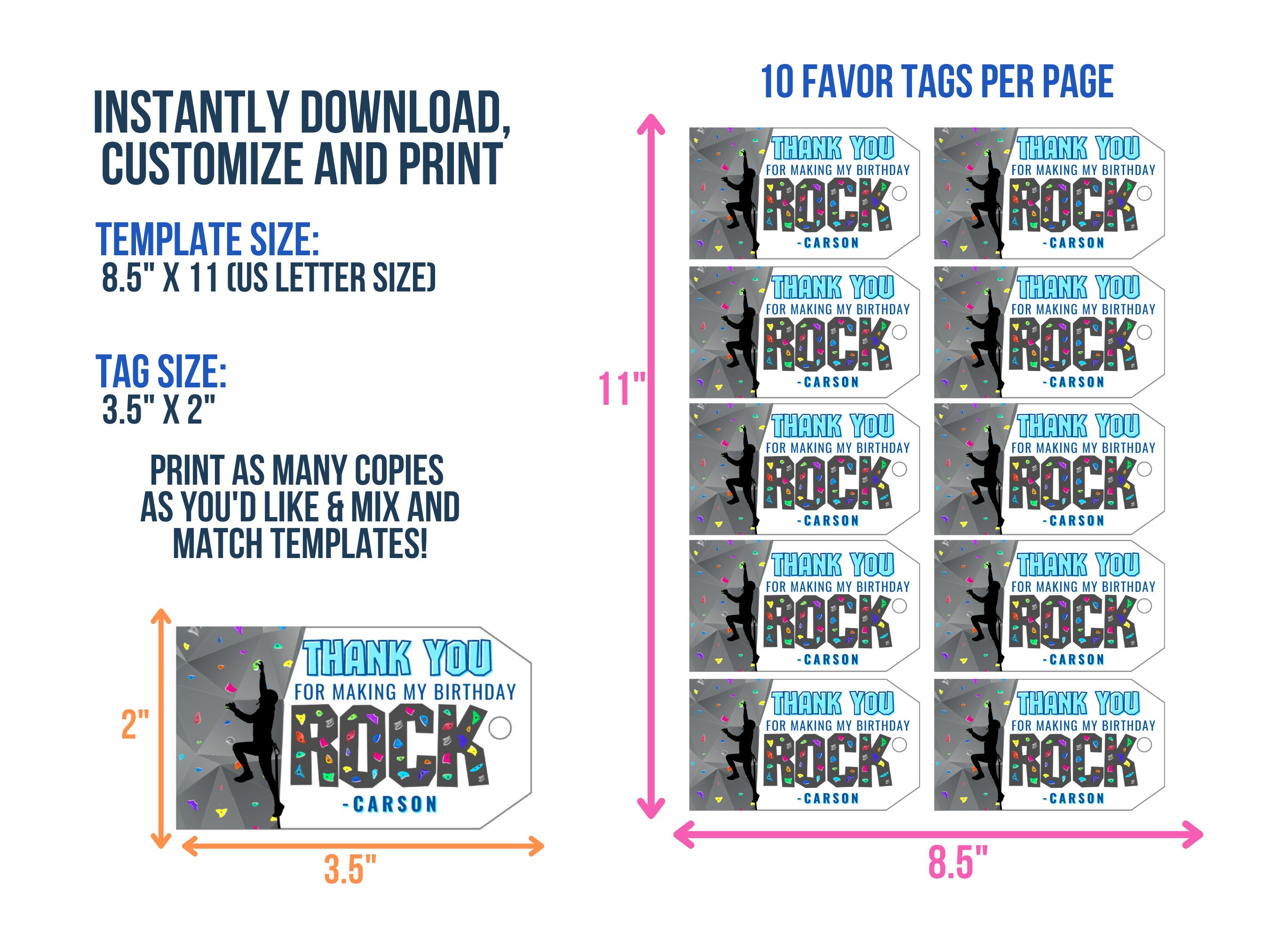 Rock Climbing Birthday Party Customizable Favor Tags, Template ...
