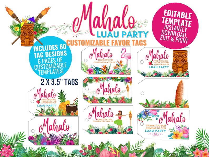Luau Party Favor Tags Customizable Template, Thank You Tags, Hawaiian ...