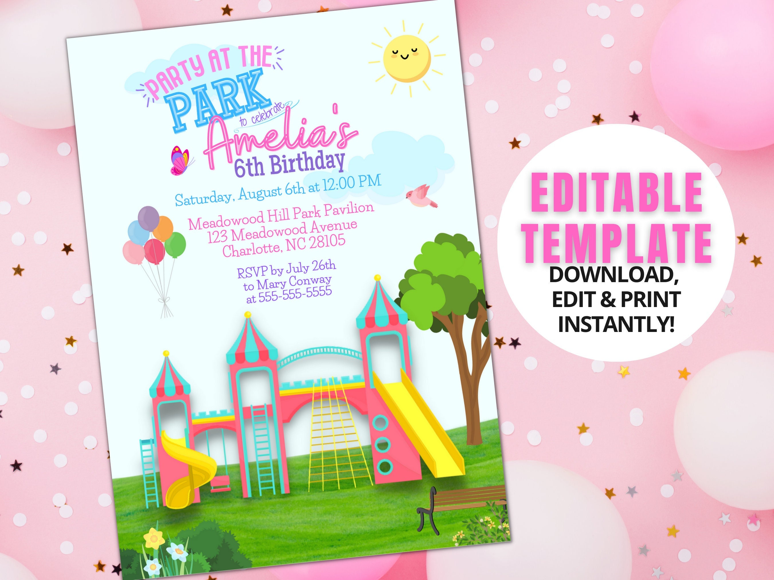Party at the Park Birthday Invite Customizable Template, 5x7, Digital ...