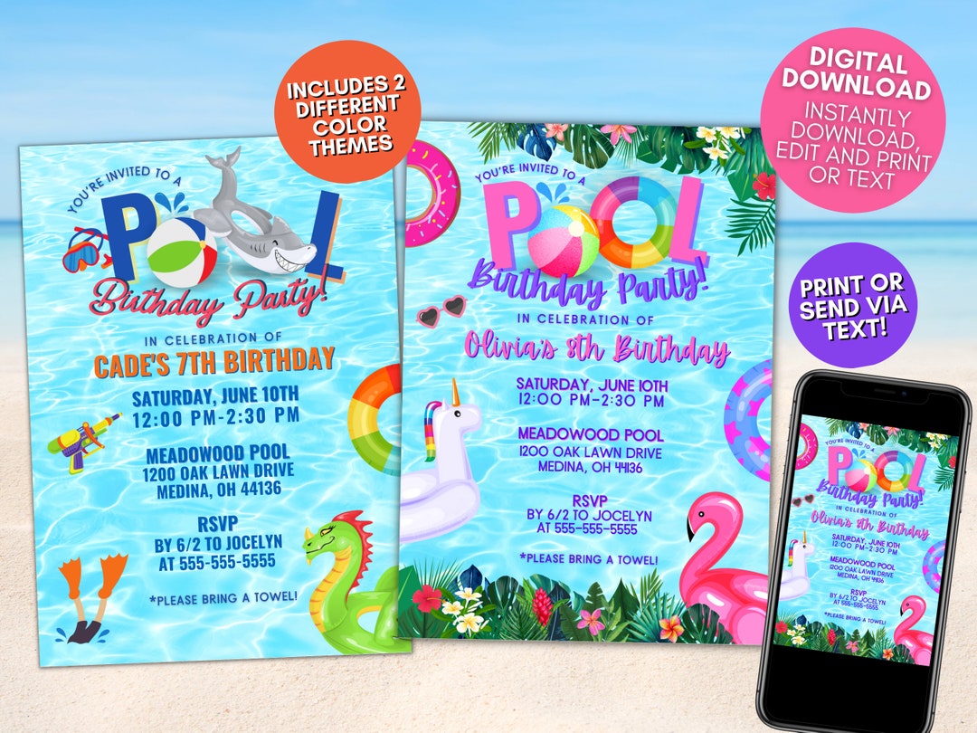 Pool Birthday Party Invite Customizable Template, ANY AGE, Digital ...