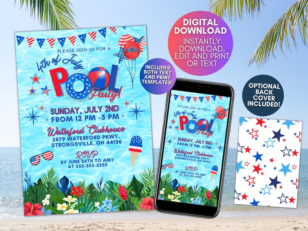 Red White and Blue Pool Party Invite, Customizable Template, Memorial ...