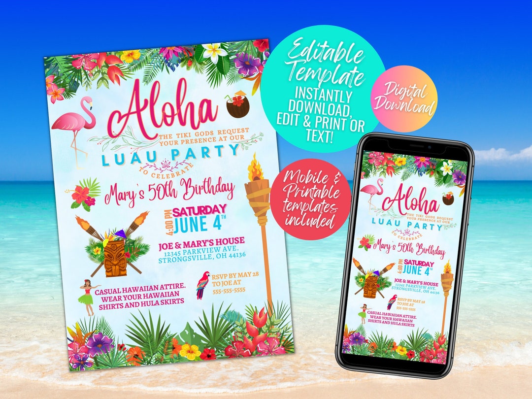 Luau Party Invite Customizable Template, Hawaiian Theme, Pool Party ...