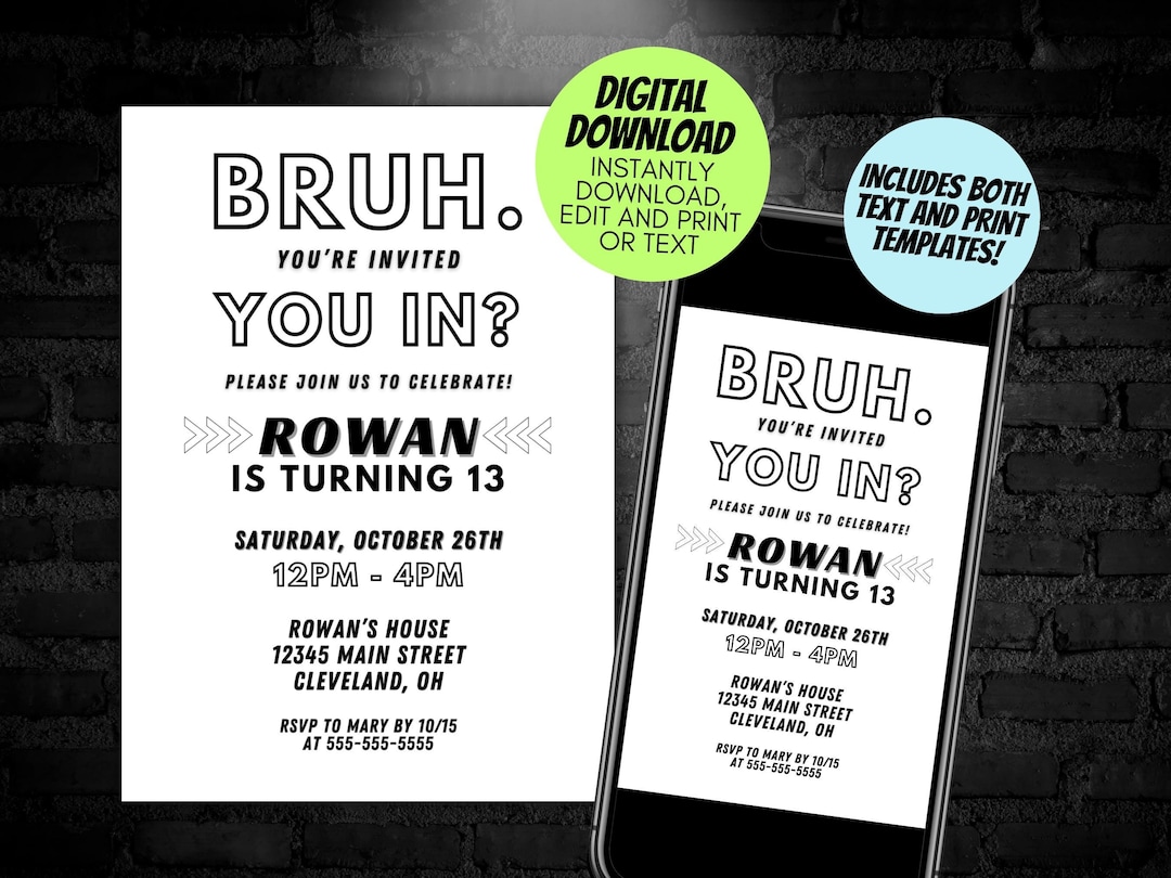 BRUH Birthday Invitation Digital Template, Boy, ANY Age, Editable ...