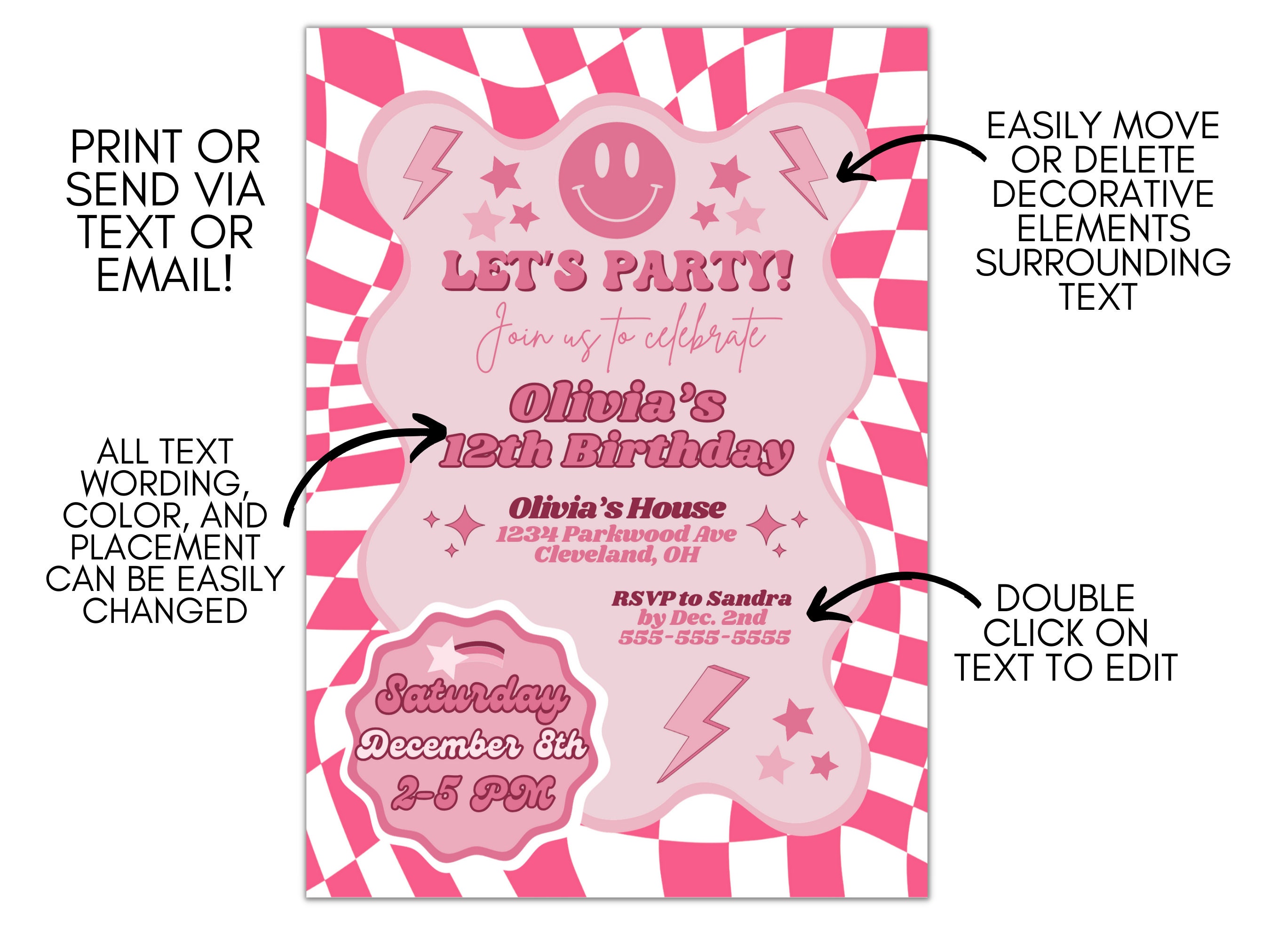 Preppy Smile Theme Birthday Invite, Pink Checkered, Digital Download ...