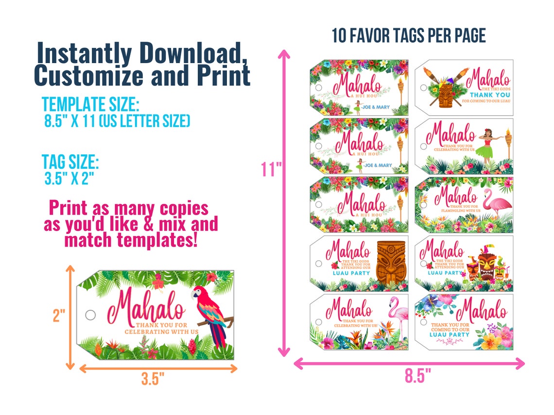 Luau Party Favor Tags Customizable Template, Thank You Tags, Hawaiian ...