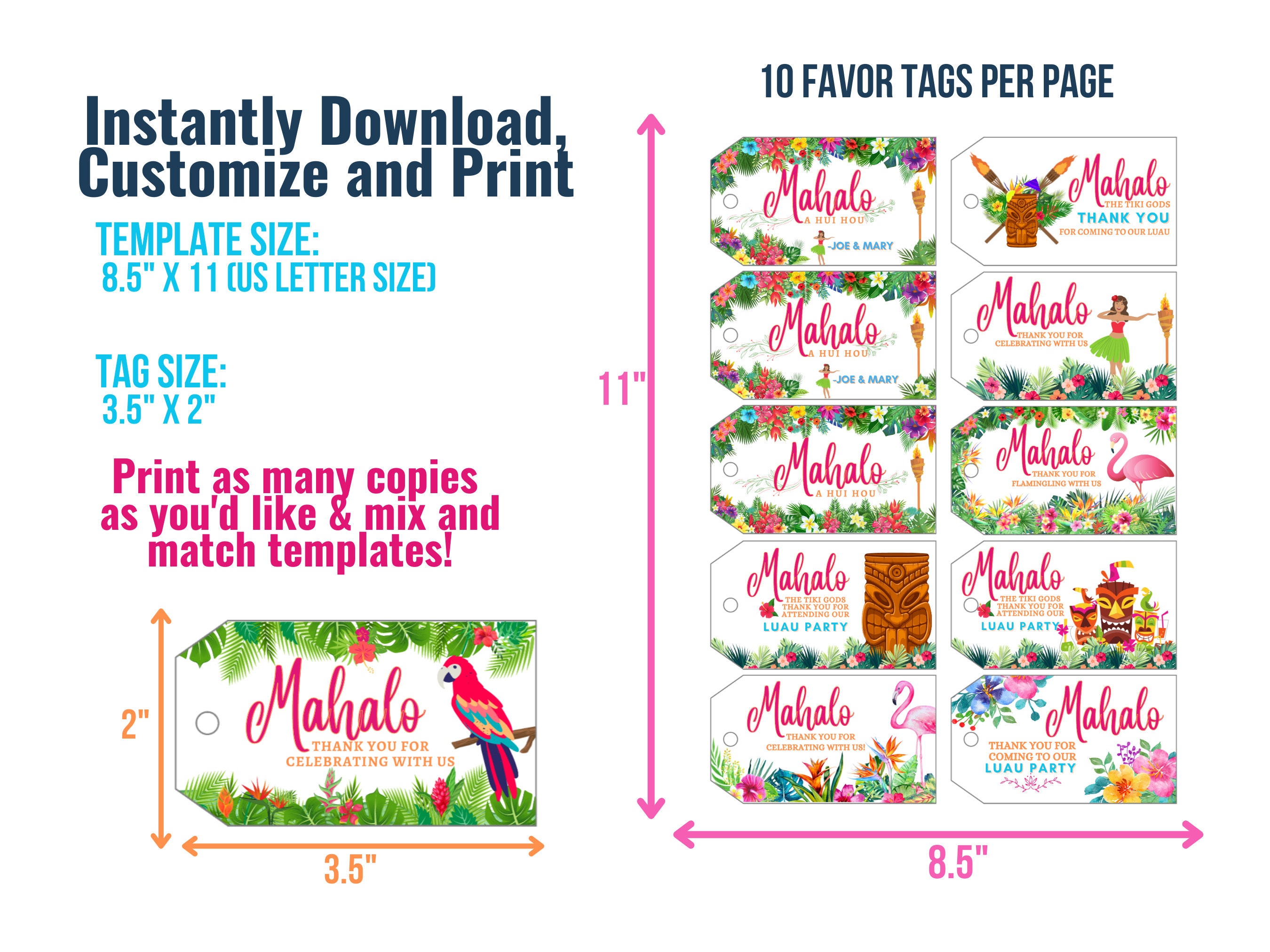 Luau Party Favor Tags Customizable Template, Thank You Tags, Hawaiian ...