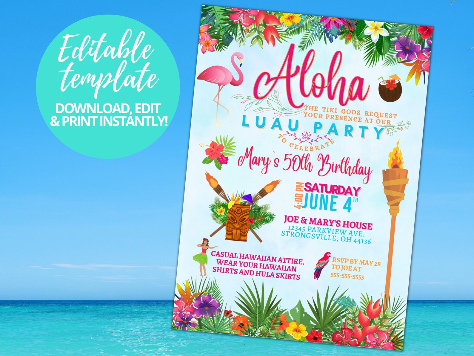 Luau Party Invite Customizable Template Hawaiian Theme - Etsy