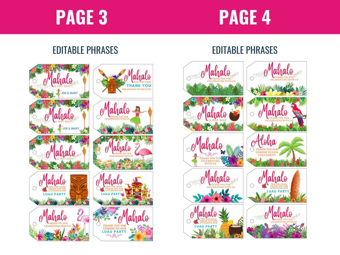 Luau Party Favor Tags Customizable Template, Thank You Tags, Hawaiian ...