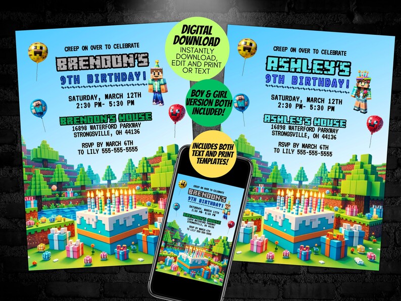Minecraft Inspired Birthday Party Invitation, Customizable Template ...