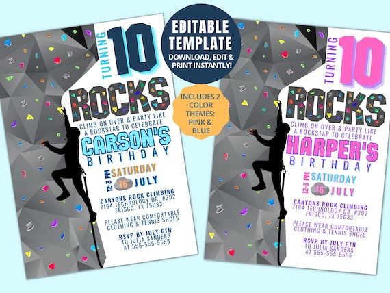 Rock Climbing Birthday Party Customizable Template Includes 2 - Etsy