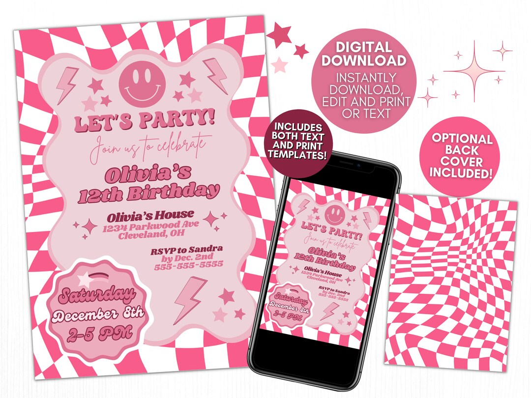 Preppy Smile Theme Birthday Invite, Pink Checkered, Digital Download ...