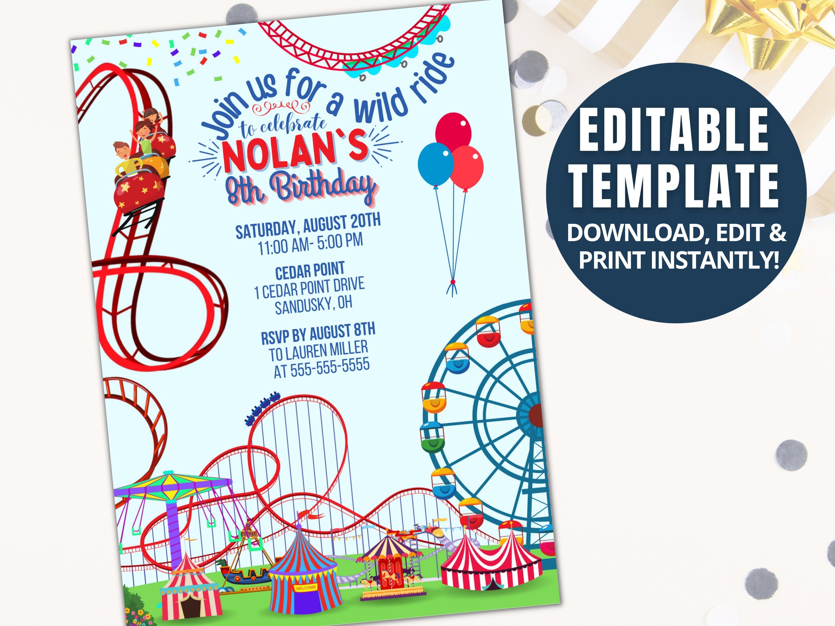Amusement Park Birthday Invite Customizable Template, Theme Park ...