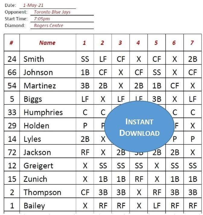 Baseball Lineup Card Template - Etsy