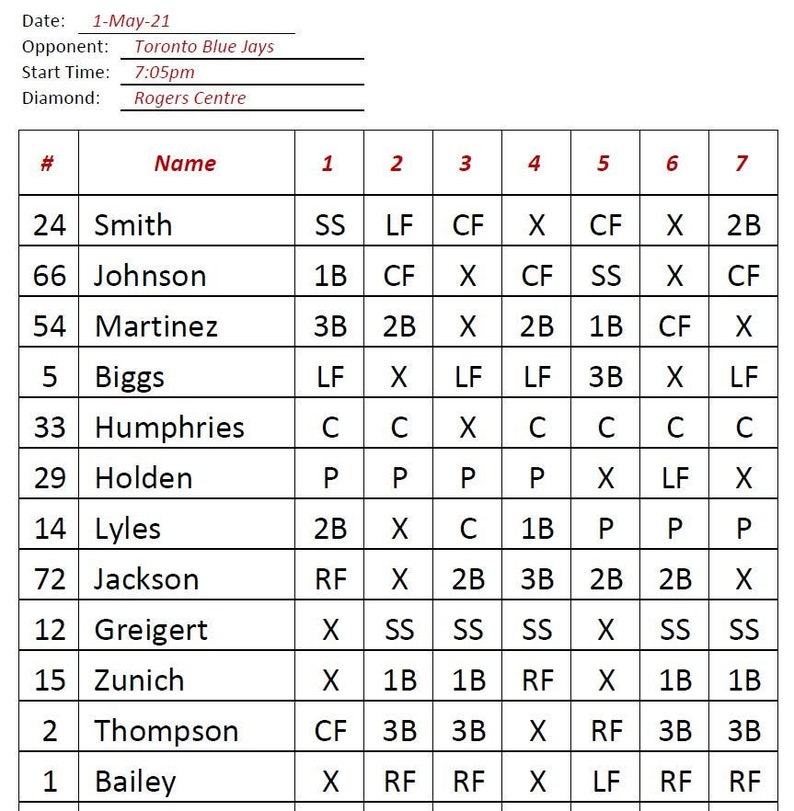 Baseball Lineup Card Template - Etsy