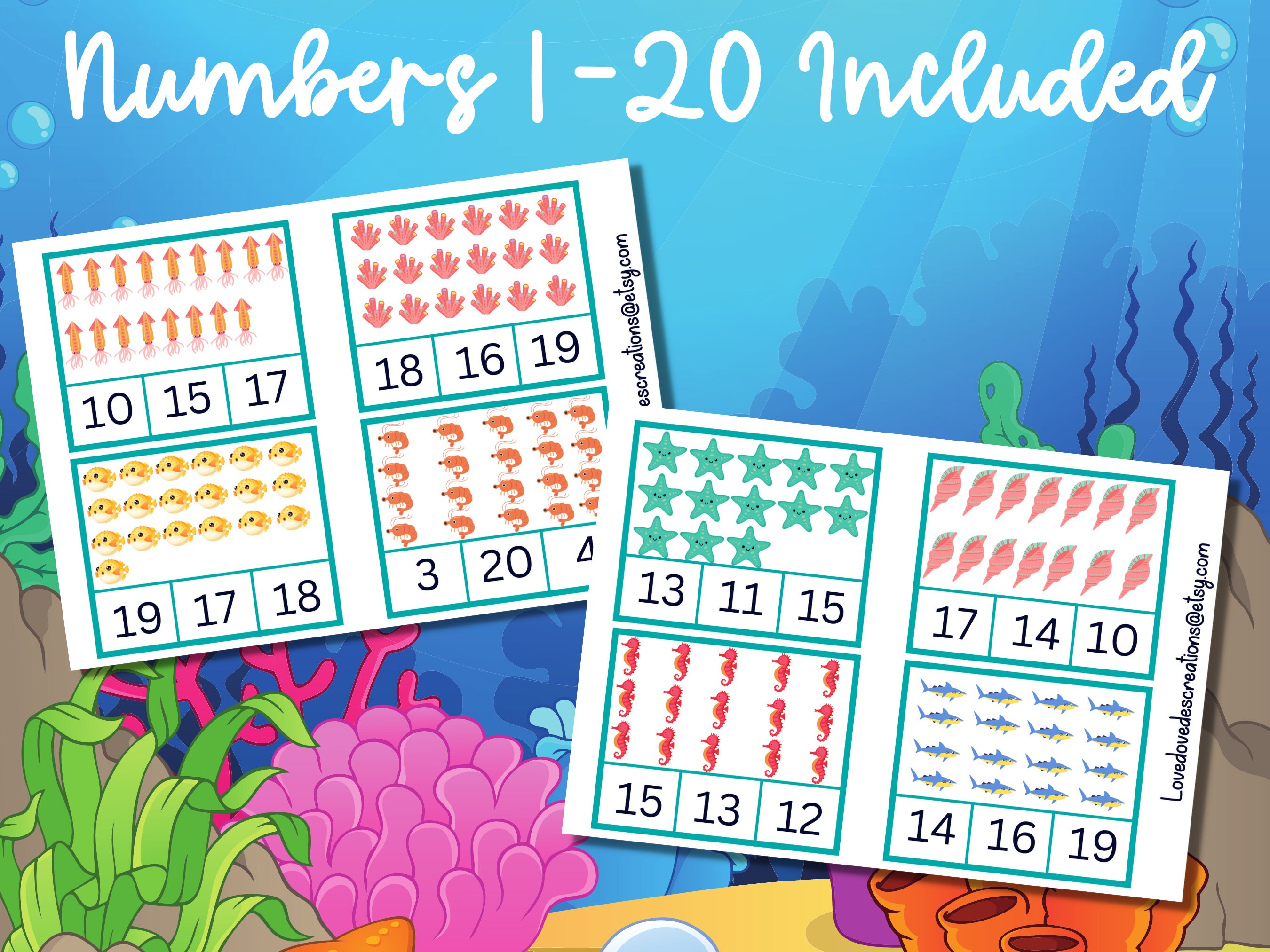 Ocean Themed Counting Clip Cards 1-20,ocean Themed Counting Clip Cards ...