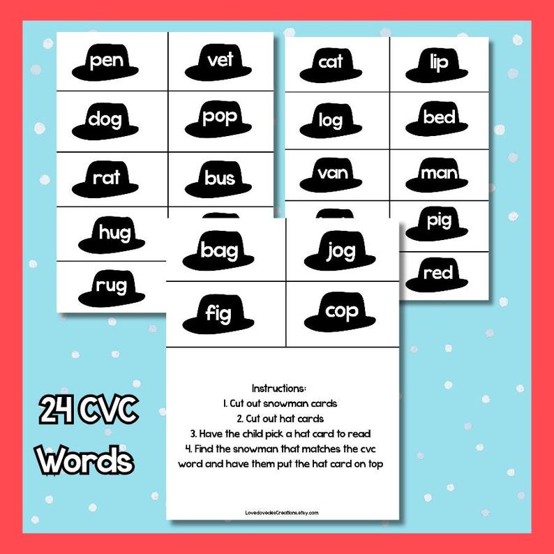 Snowman CVC Word Matching, Winter CVC Printable (PDF) - Etsy