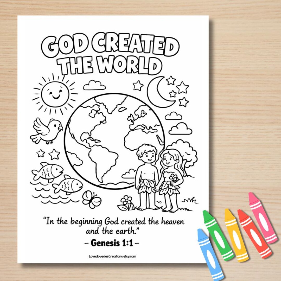 God Created the World Coloring Page, Genesis 1:1 Coloring Page (PDF ...