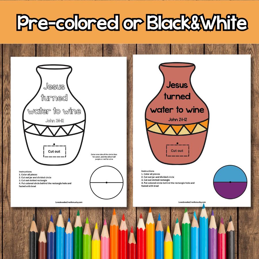 Jesus Turns Water to Wine Bible Craft and Coloring Page: Sunday School ...