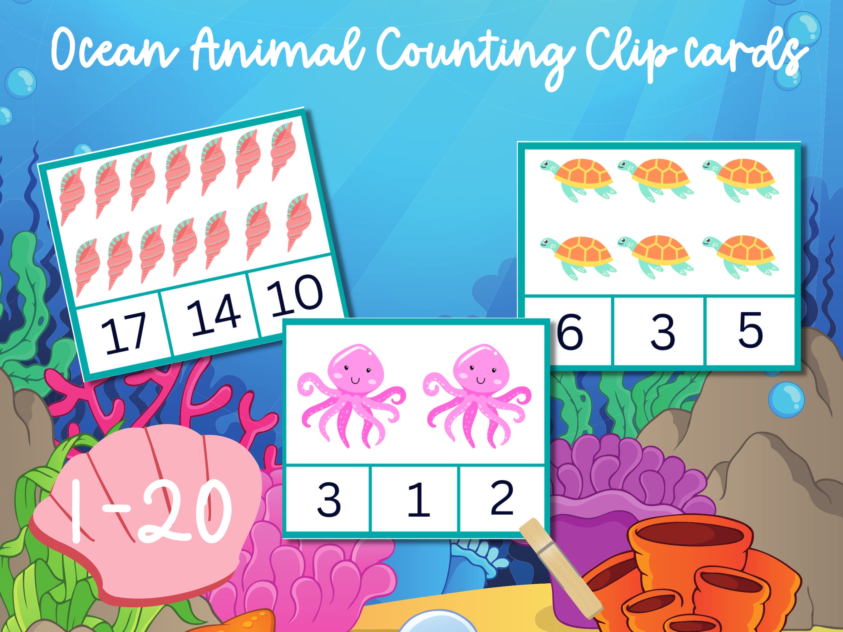 Ocean Themed Counting Clip Cards 1-20,ocean Themed Counting Clip Cards ...