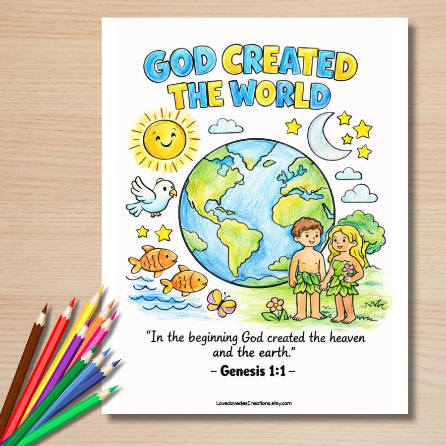 God Created the World Coloring Page, Genesis 1:1 Coloring Page (PDF ...