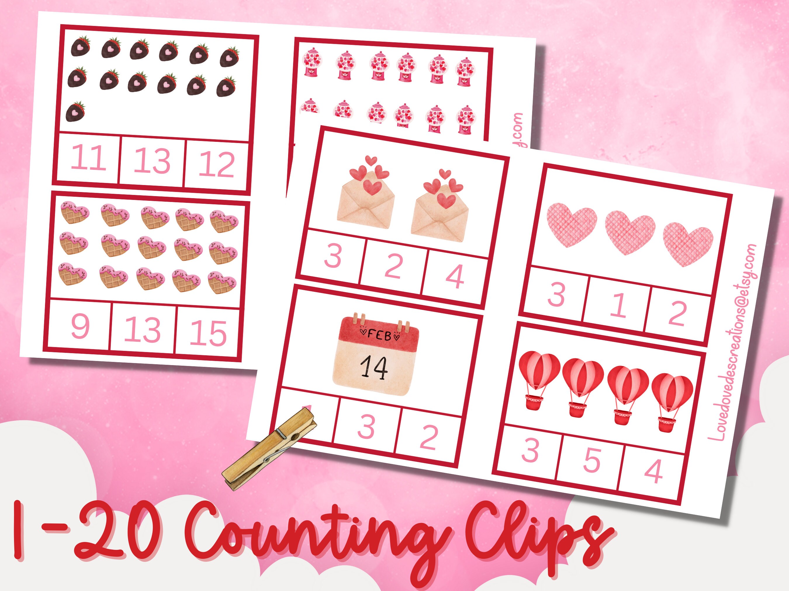 Large Counting Clip Cards 1-20,valentines Day Counting Clip Cards ...