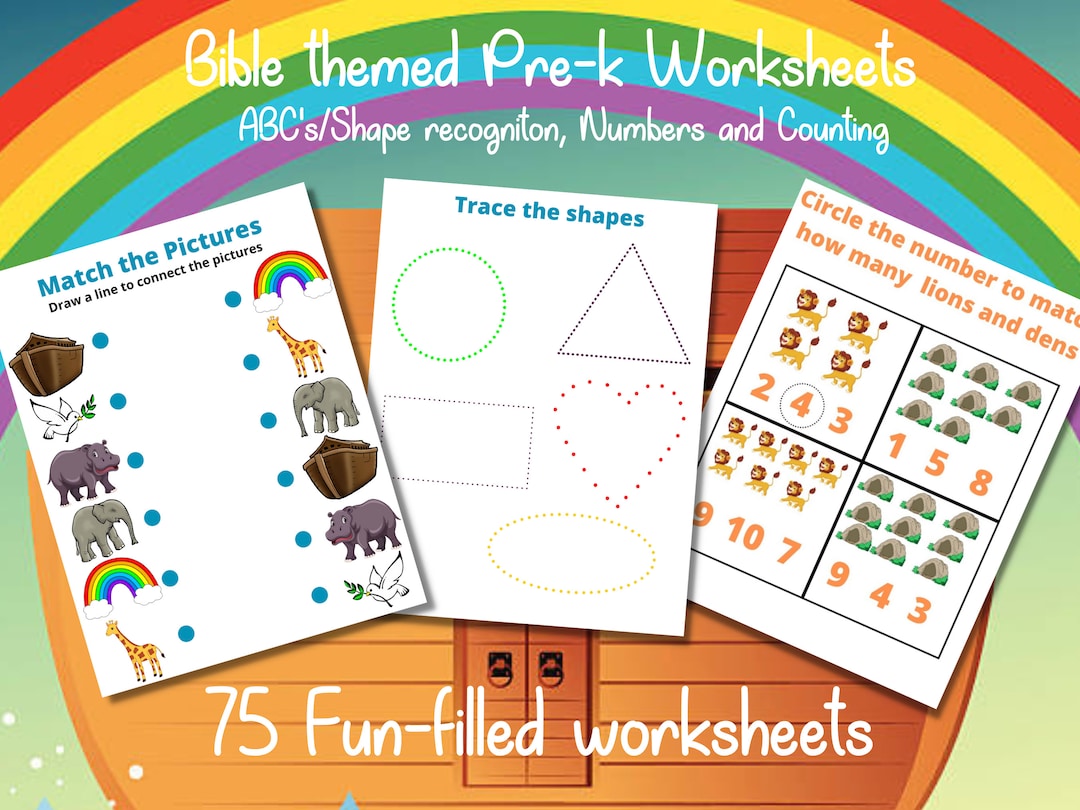 Bible Themed Pre-k Worksheets: ABC, Number & Shape Recognition (PDF ...