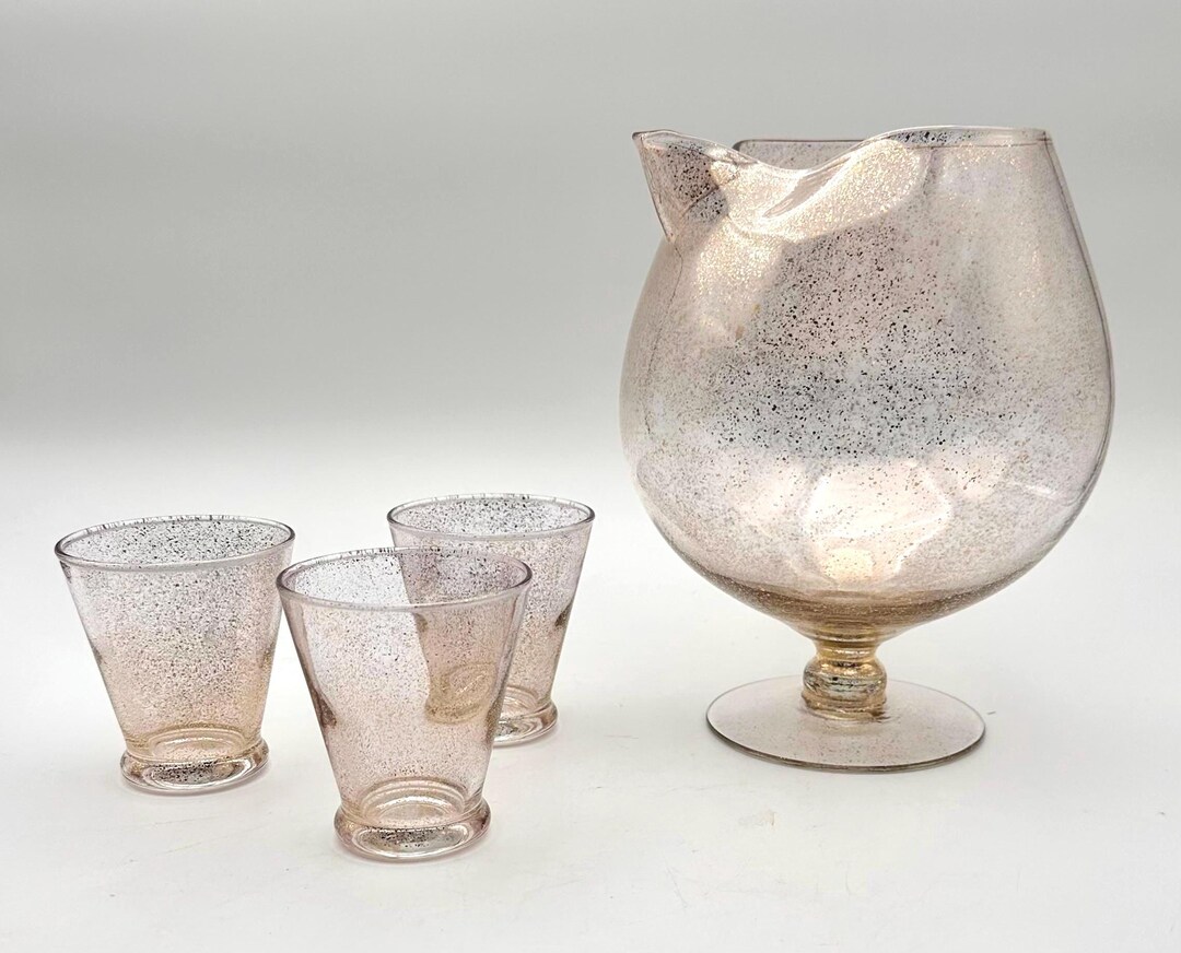 Vintage 4pc Gold Fleck Spatter Glass Cocktail Pitcher & Glassware Set ...