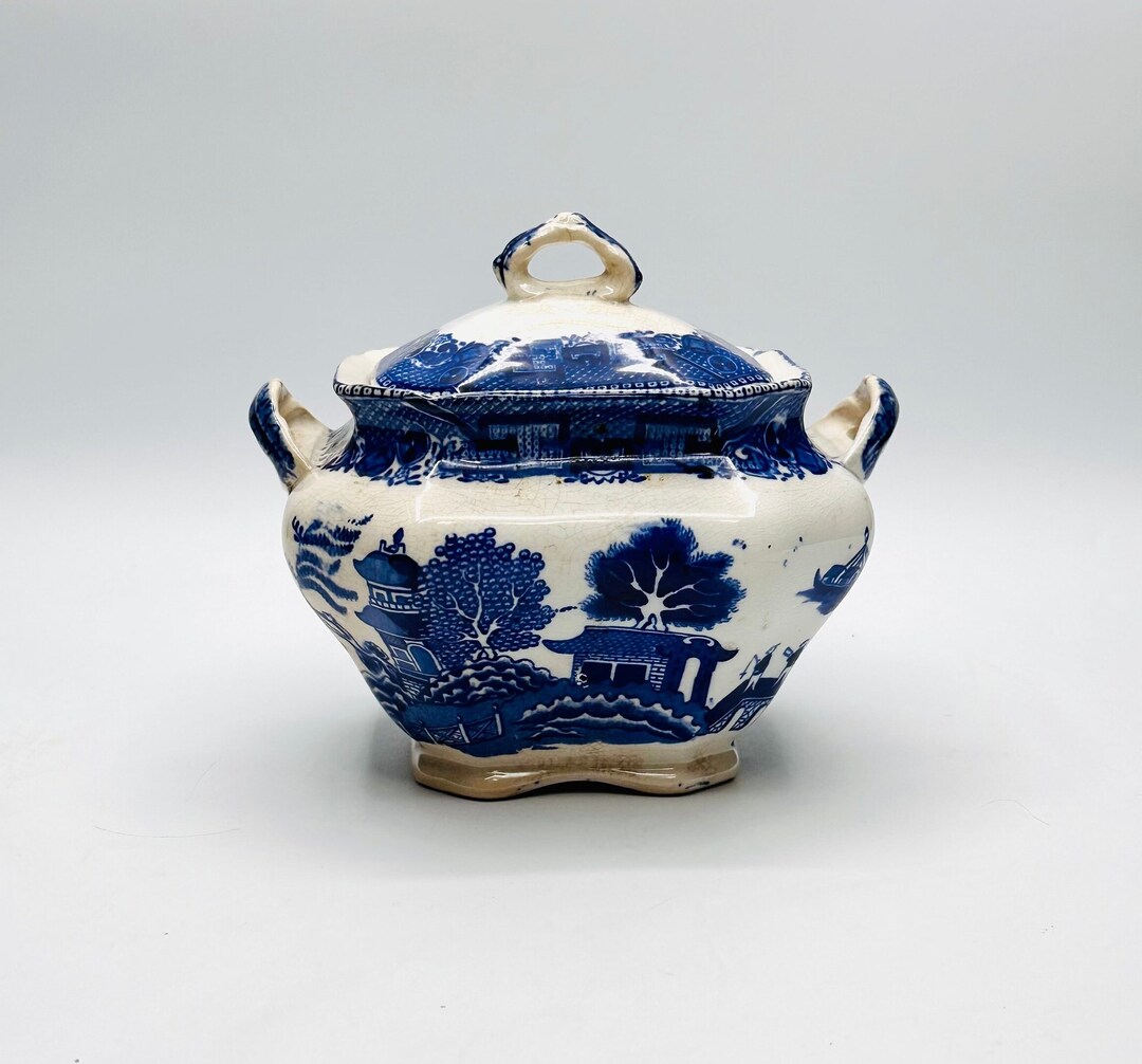 Antique Buffalo Pottery Blue Willow Sugar Bowl With Lid 1911 Semi ...