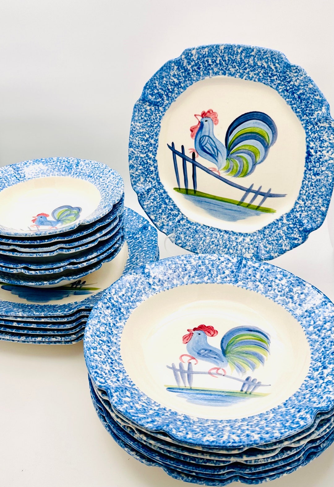 Vintage LA Potteries NS Gustin Blue Stipple Rooster Dinnerware 3 Pc ...