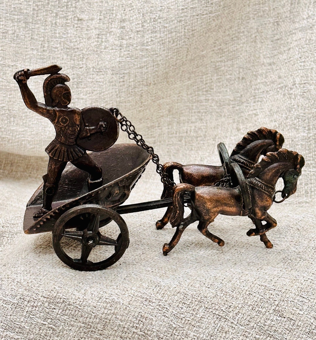 Vintage Bronze Greek Warrior on Chariot With Horses Handmade - Etsy