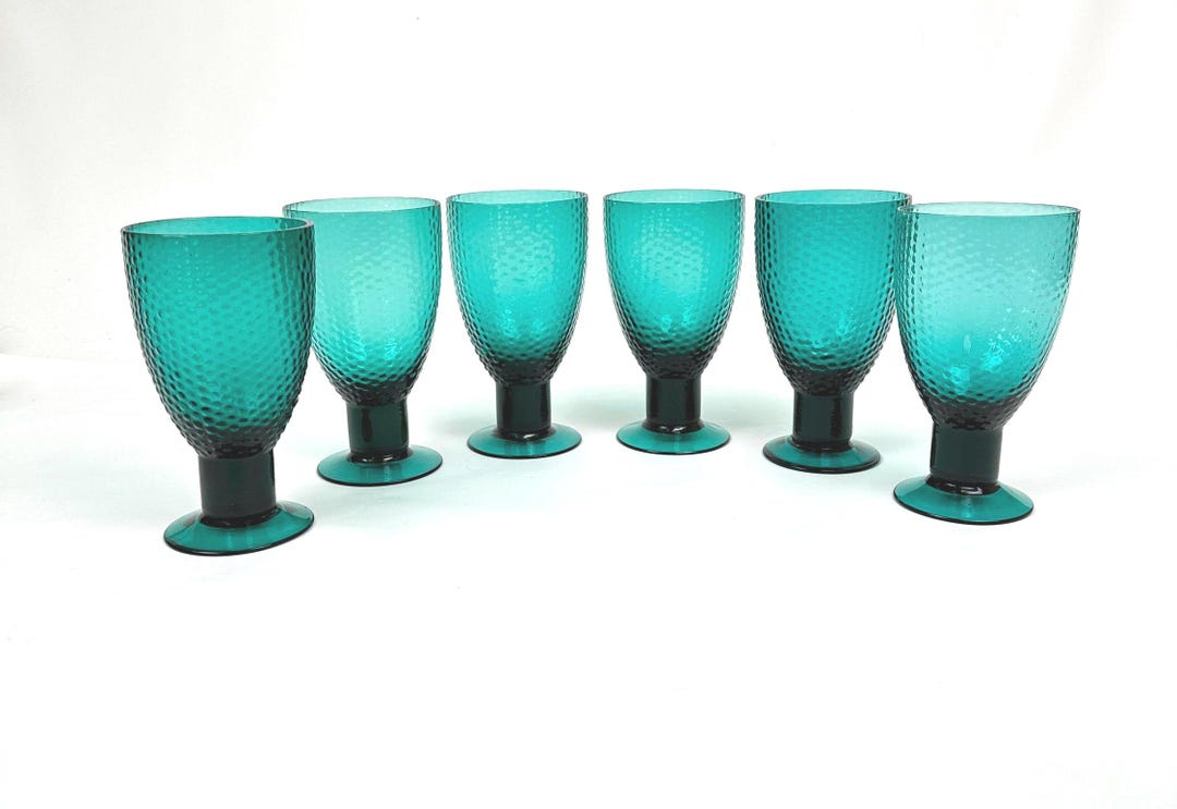 Vintage Teal Footed Water Goblets - Set of 6 Textured Mid Century ...