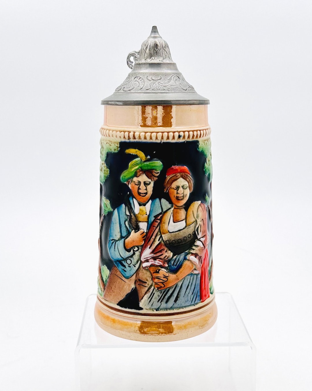 Vintage German Beer Stein – Pewter Lid, Raised Relief Bavarian Scene - Etsy