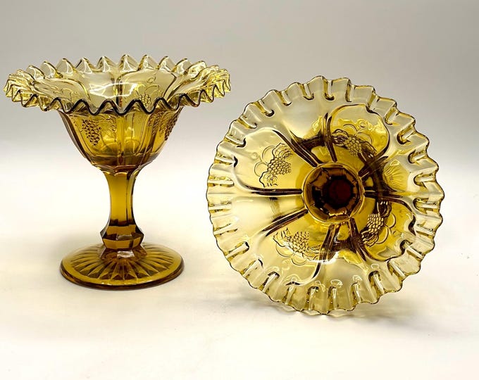 Vintage Amber Glass Pedestal Candy/compote Dish, Large Amber Indiana ...