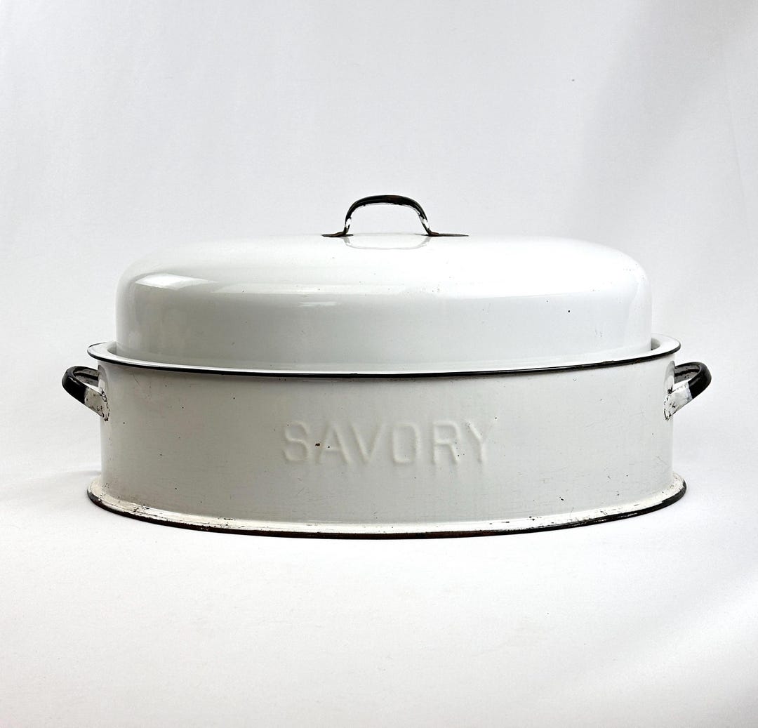 Large Vintage White Enamelware savory Roasting Pan Rustic Oval Roaster ...