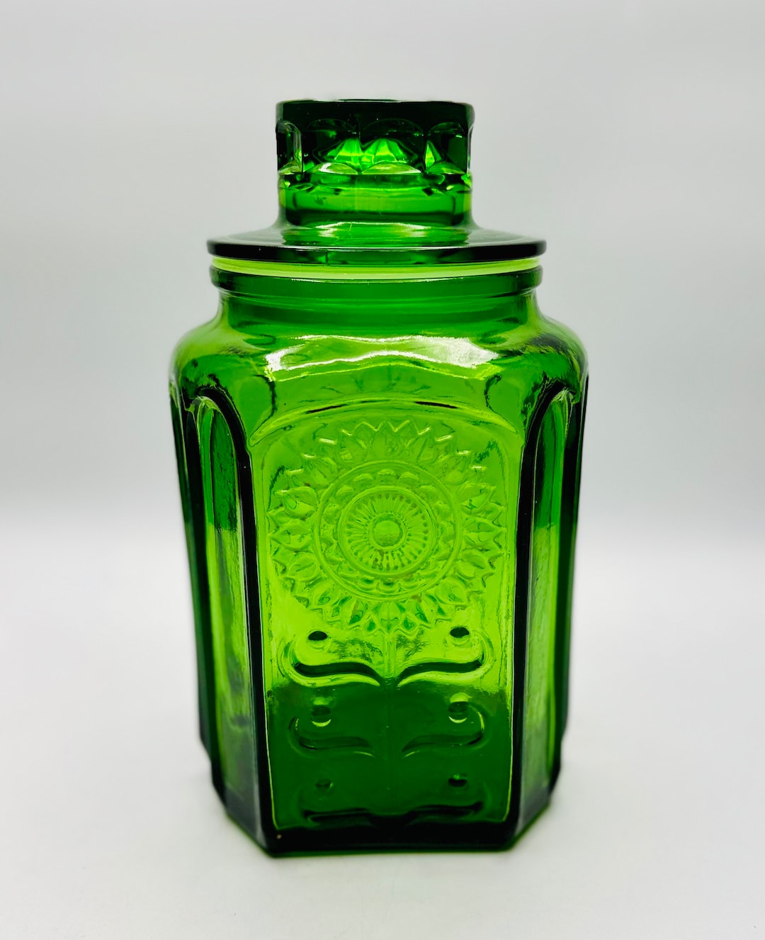 Wheaton NJ Green Glass Canister Jar 9.5 Embossed Sunflower & Daisy ...