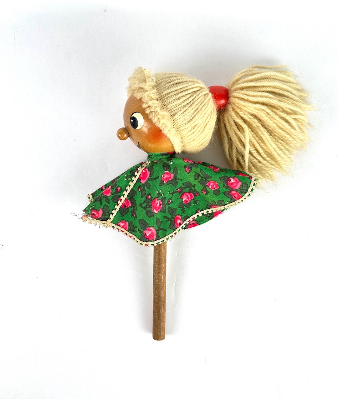 Vintage Wooden Spinning Music Doll – Yarn Hair, Floral Dress, Plays ...