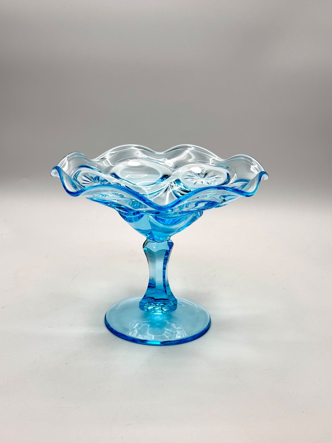 Vintage Red Cliff Ice Blue Glass Compote Knobby Bullseye Pattern Retro ...